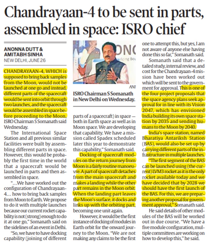 Chandrayaan-4 parts to be sent in 2 launches, assembled in space: ISRO ...