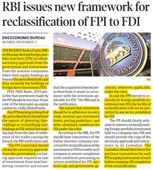 RBI issues new framework for reclassification of FPI to FDI