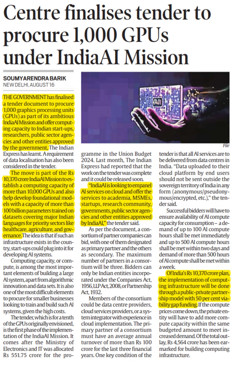 Centre finalises tender to procure 1,000 GPUs under IndiaAI Mission