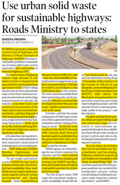 Use urban solid waste for sustainable highways: Roads Ministry to states