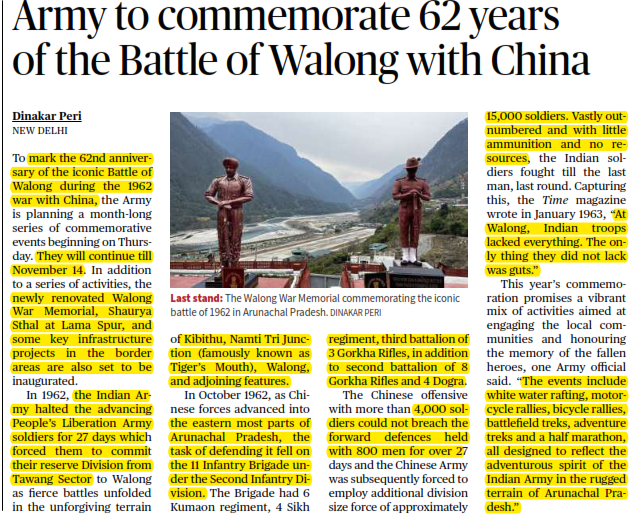 Army to commemorate 62 years of the Battle of Walong with China