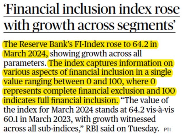 Financial Inclusion-Index rises to 64.2 in March 2024