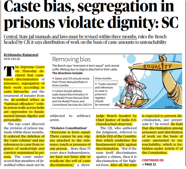 Caste bias, segregation in prisons violate dignity: SC