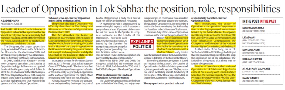 What is the role of a Lok Sabha’s Leader of Opposition?