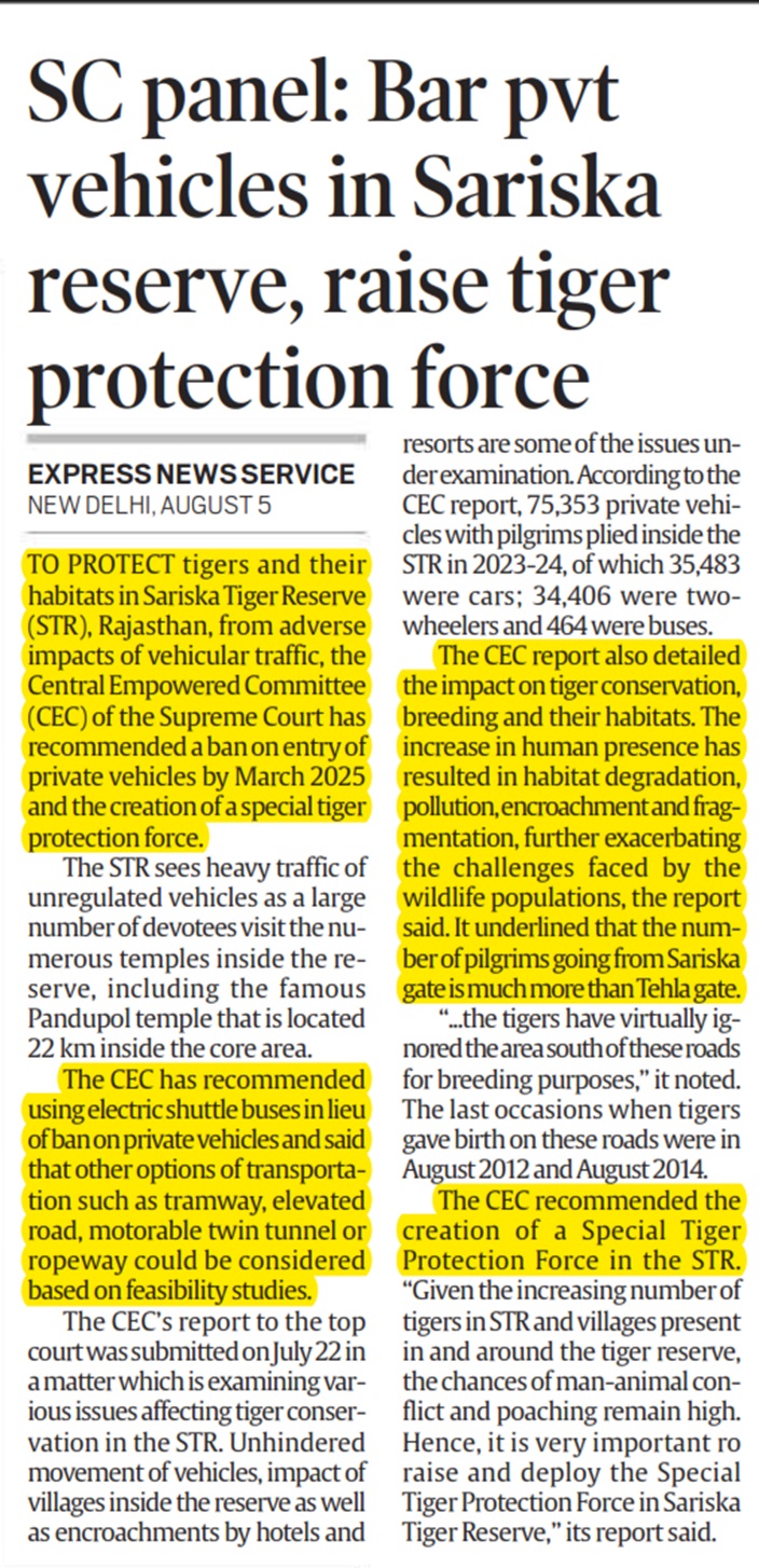 SC panel: Bar pvt vehicles in Sariska reserve, raise tiger protection force